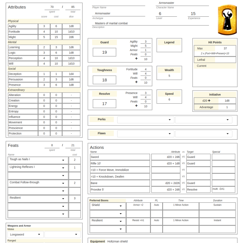 Armsmaster Character Sheet: Open Legend RPG | HeroMuster