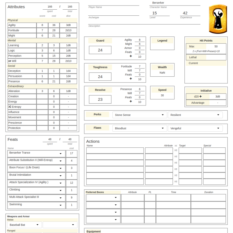 Berserker Character Sheet: Open Legend RPG | HeroMuster