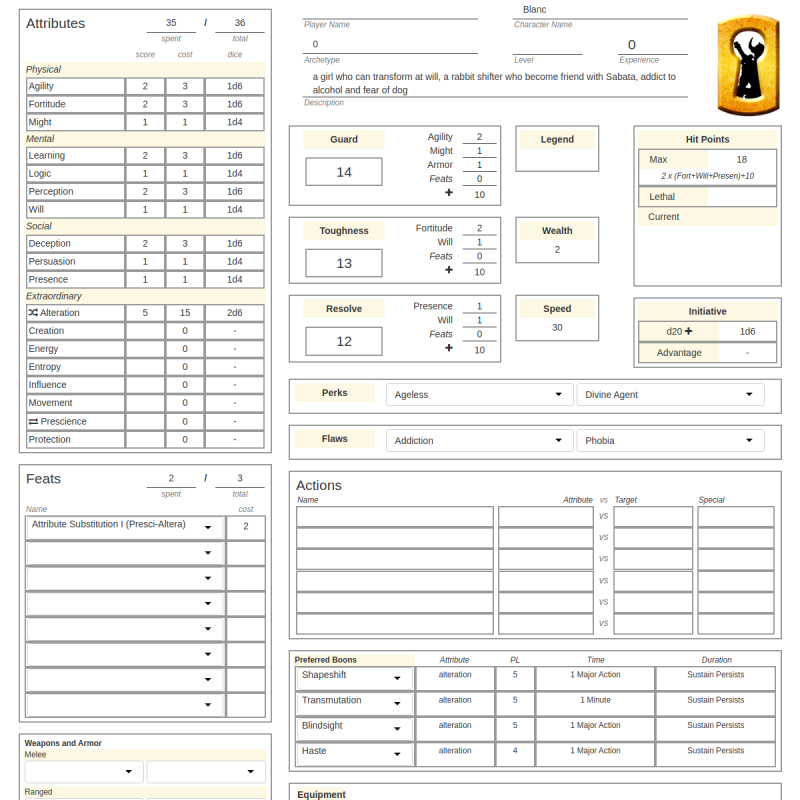 Blanc Character Sheet: Open Legend RPG | HeroMuster