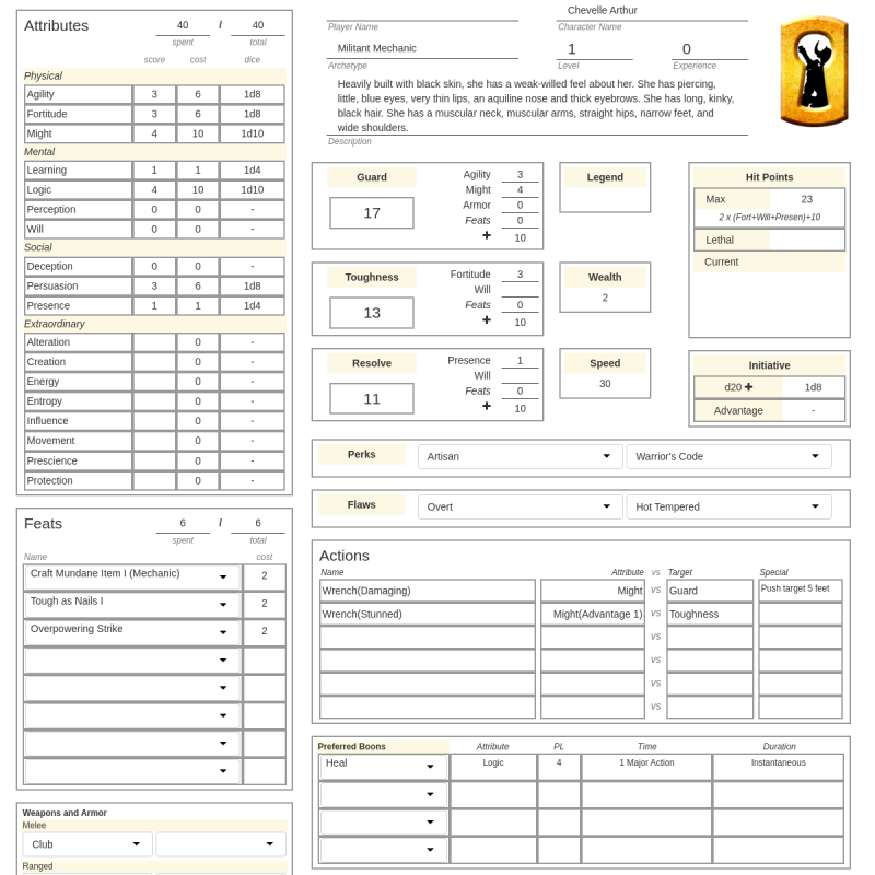 Chevelle Arthur Character Sheet: Open Legend RPG | HeroMuster