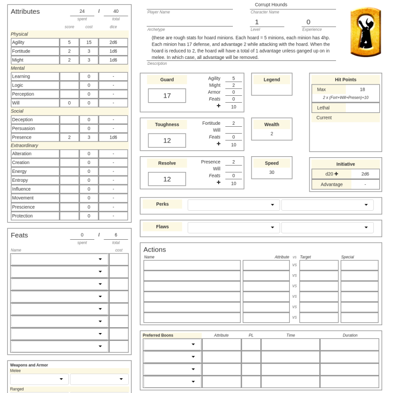 Corrupt Hounds Character Sheet: Open Legend RPG | HeroMuster