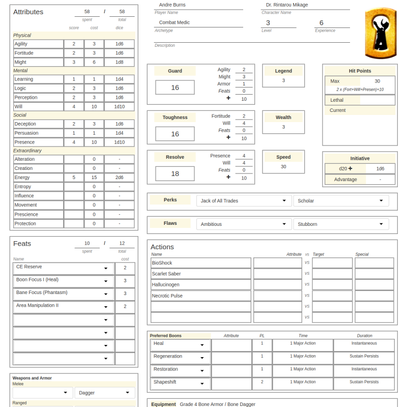 Dr. Rintarou Mikage Character Sheet: Open Legend RPG | HeroMuster