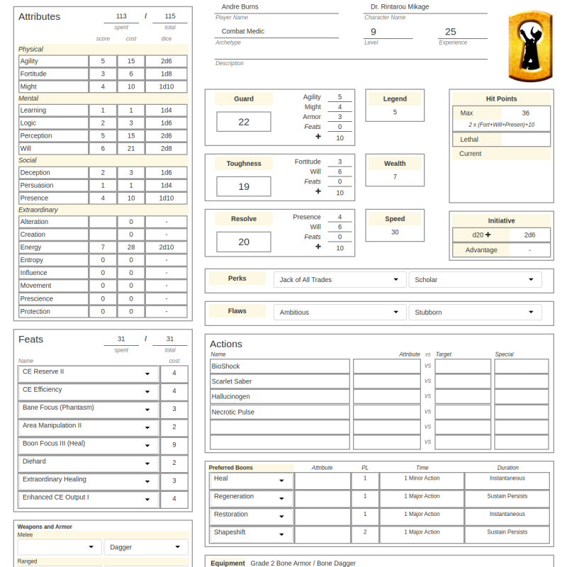 Dr. Rintarou Mikage Character Sheet: Open Legend RPG | HeroMuster