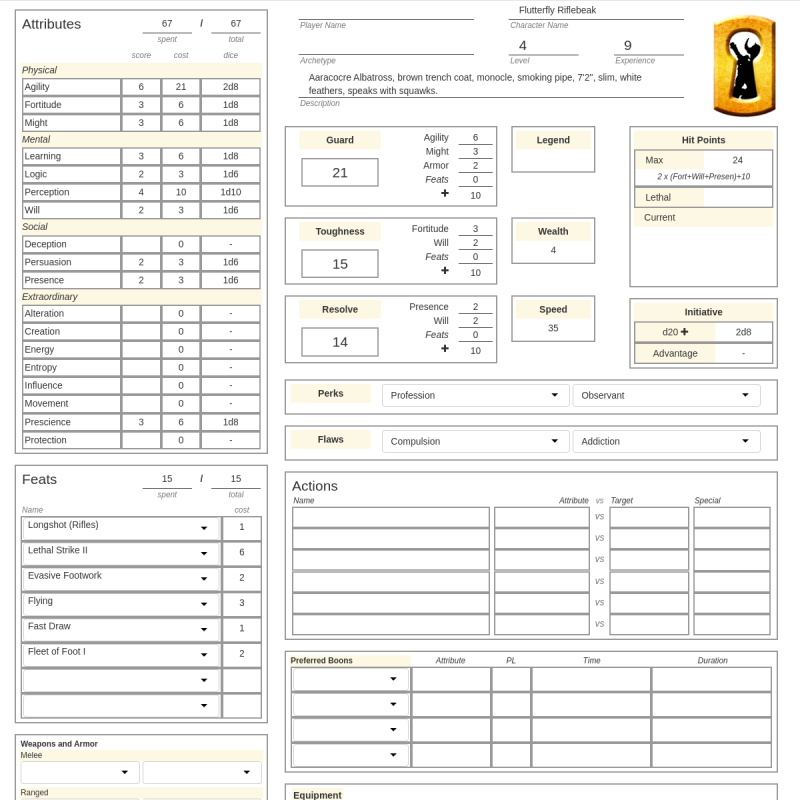Flutterfly Riflebeak Character Sheet: Open Legend RPG | HeroMuster