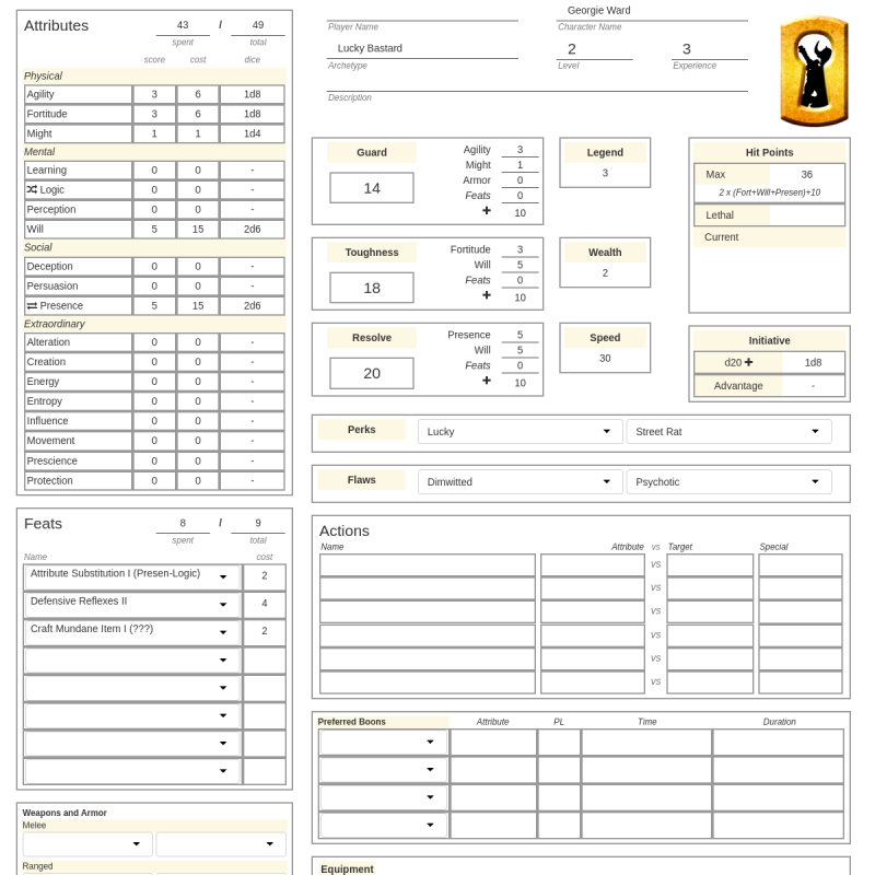 Georgie Ward Character Sheet: Open Legend RPG | HeroMuster