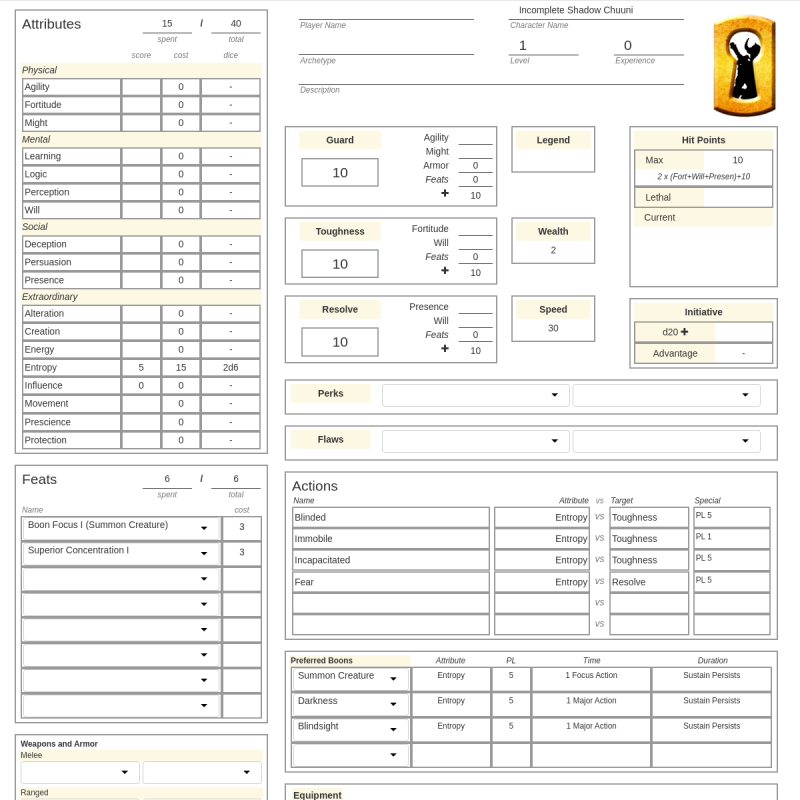 Incomplete Shadow Chuuni Character Sheet: Open Legend RPG | HeroMuster