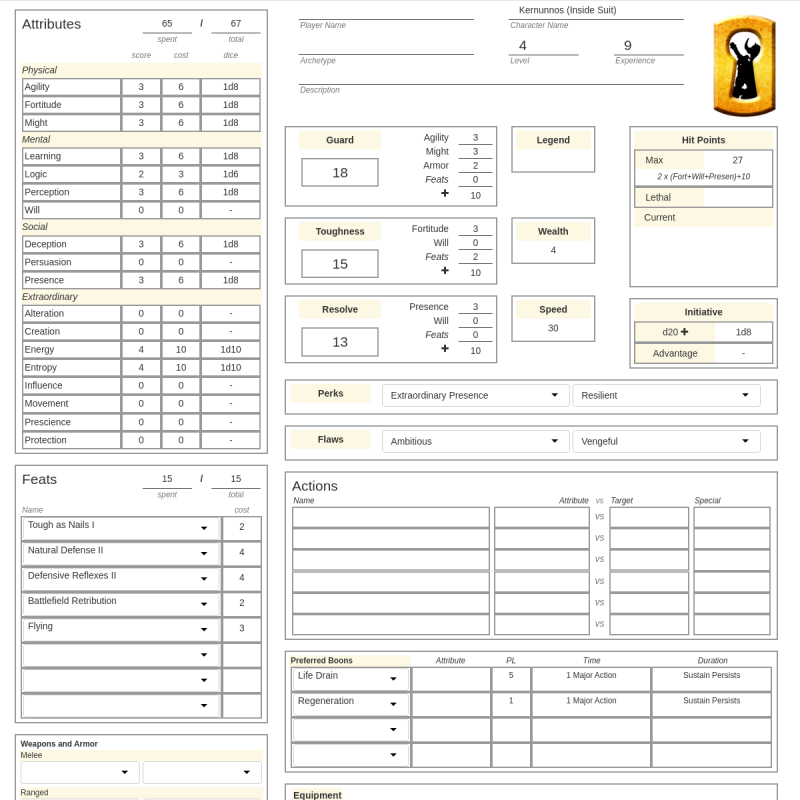Kernunnos (Inside Suit) Character Sheet: Open Legend RPG | HeroMuster