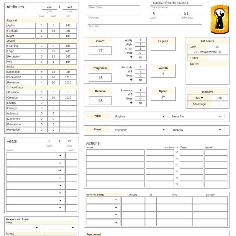 Mario(Chef Bomba a Mano ) Character Sheet: Open Legend RPG | HeroMuster