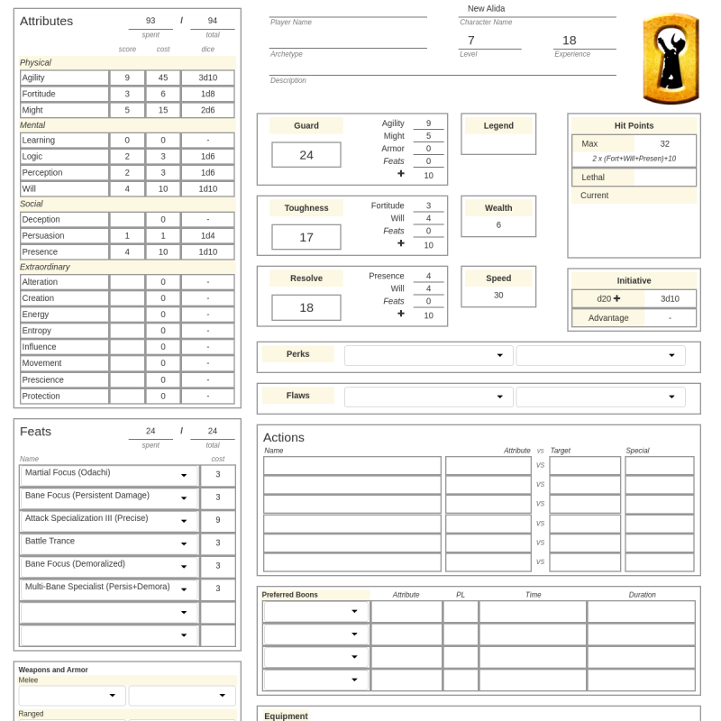 New Alida Character Sheet: Open Legend RPG | HeroMuster