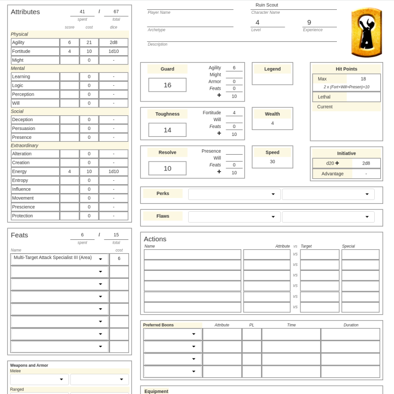 Ruin Scout Character Sheet: Open Legend RPG | HeroMuster