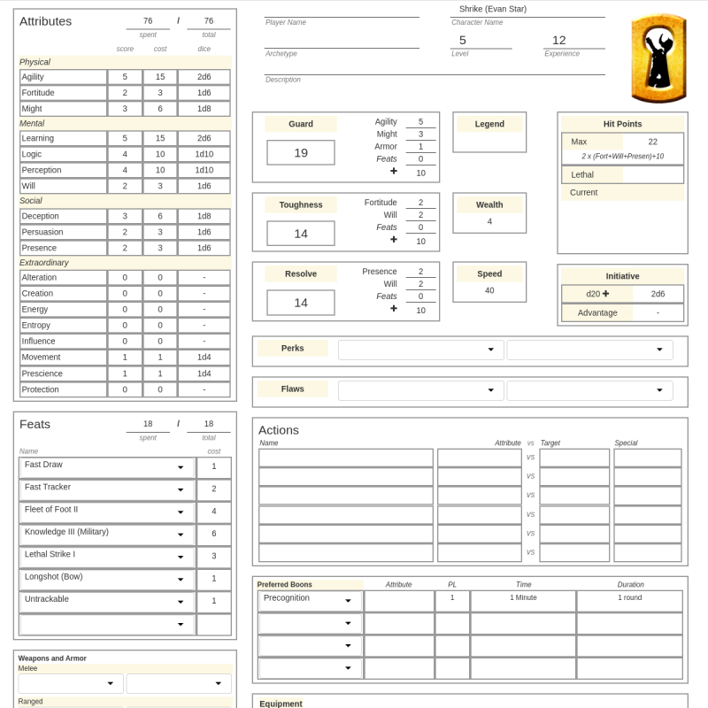 Shrike (Evan Star) Character Sheet: Open Legend RPG | HeroMuster