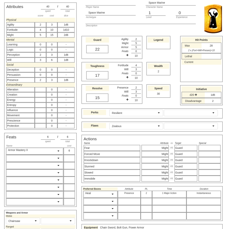Space Marine Character Sheet: Open Legend RPG | HeroMuster