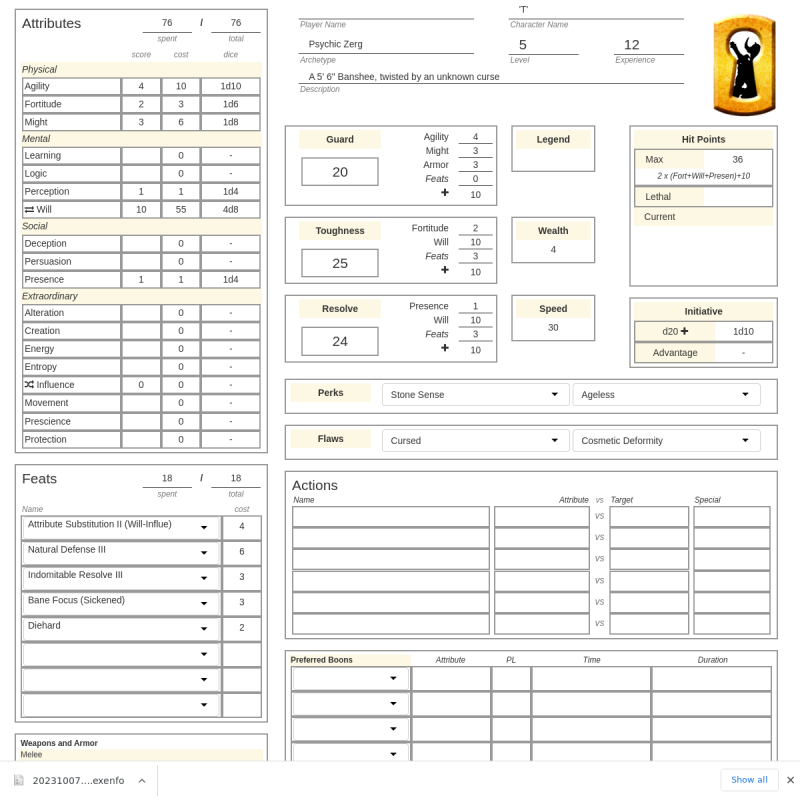 'T' Character Sheet: Open Legend RPG | HeroMuster