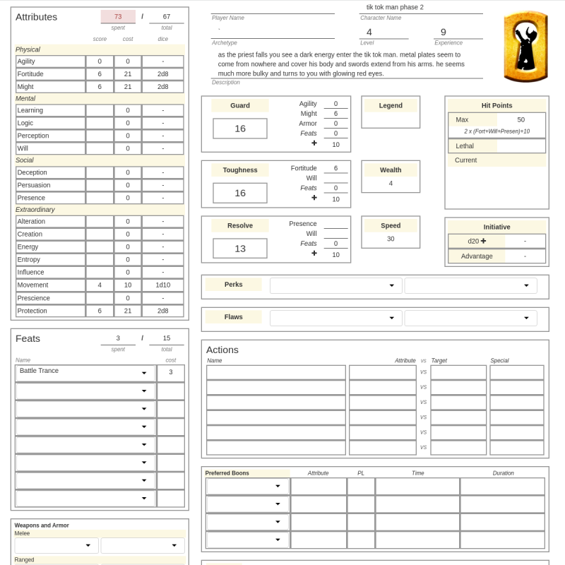 tik tok man phase 2 Character Sheet: Open Legend RPG | HeroMuster