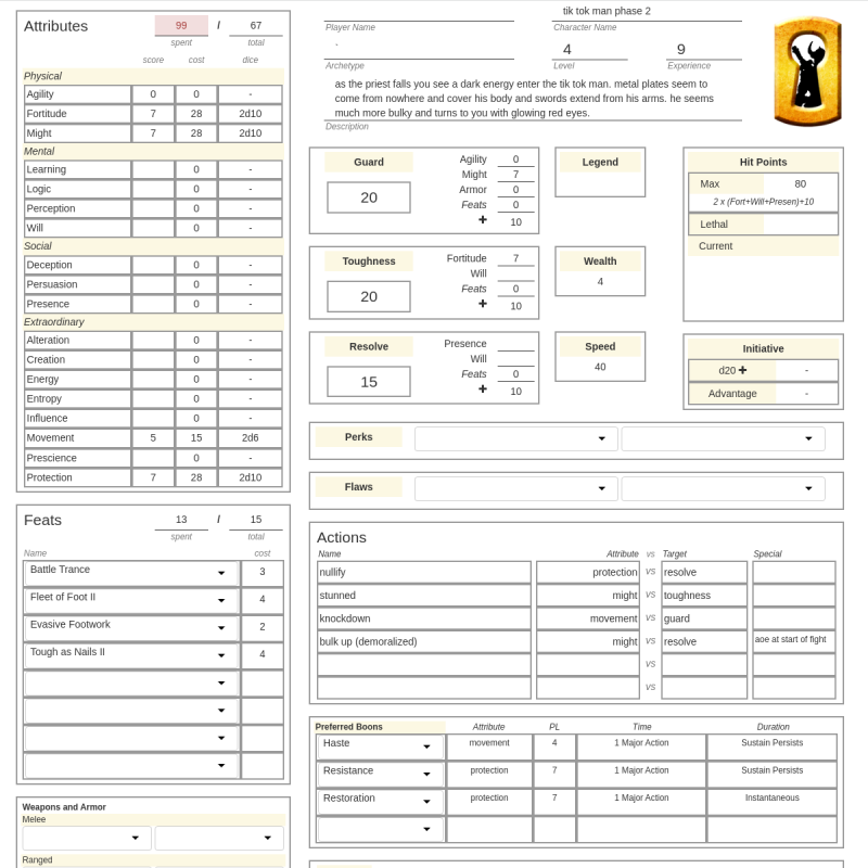 tik tok man phase 2 Character Sheet: Open Legend RPG | HeroMuster