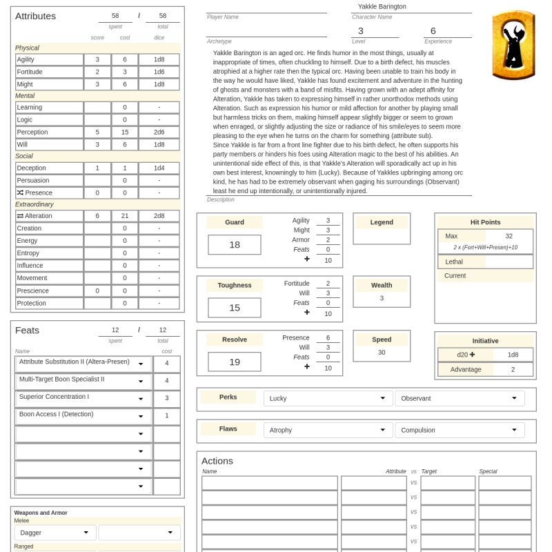Yakkle Barington Character Sheet: Open Legend RPG | HeroMuster